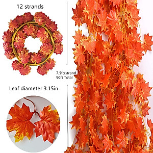 12 Pack Fall Leaves Leaf Garland Hanging Vines Artificial Maple Thanksgiving Decor for Home Wedding Fireplace Party Bedroom Kitchen Restaurant DIY Christmas Table Decorations Flower Garden