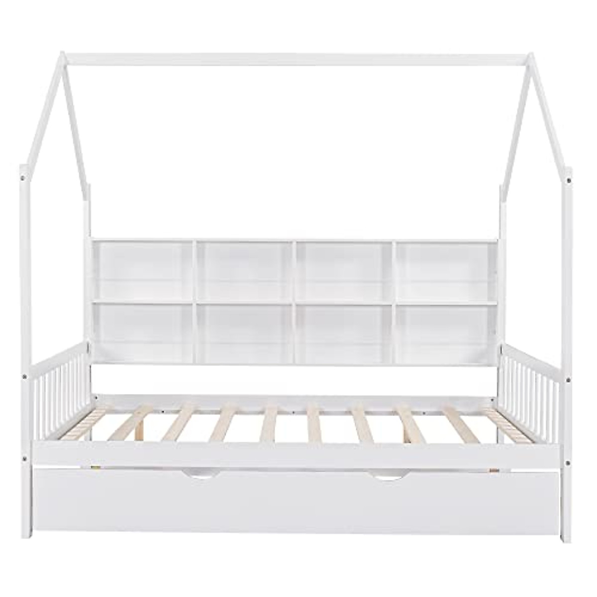 BIADNBZ Wooden Full Size House Platform Bed Frame with Trundle,Kids DayBed with Shelf for Kids/Teens,White