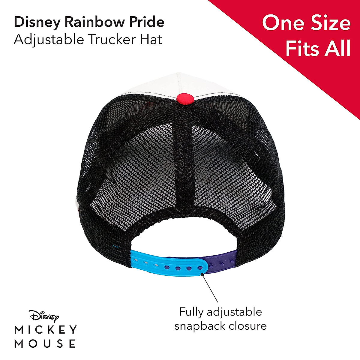 Disney Mickey Mouse Trucker Hat, Rainbow Pride Mesh Back Snapback Baseball Cap, Black and White, One Size