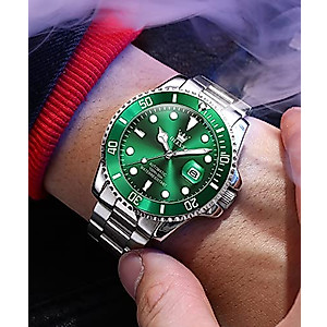 Men Automatic Wirst Watches Self Winding Silver And Green Automatic Watches for Men Mechanical Waterproof Big Face Stainless Steel Date No Battery Watches Man Luminous Submariner Wristwatch Gift