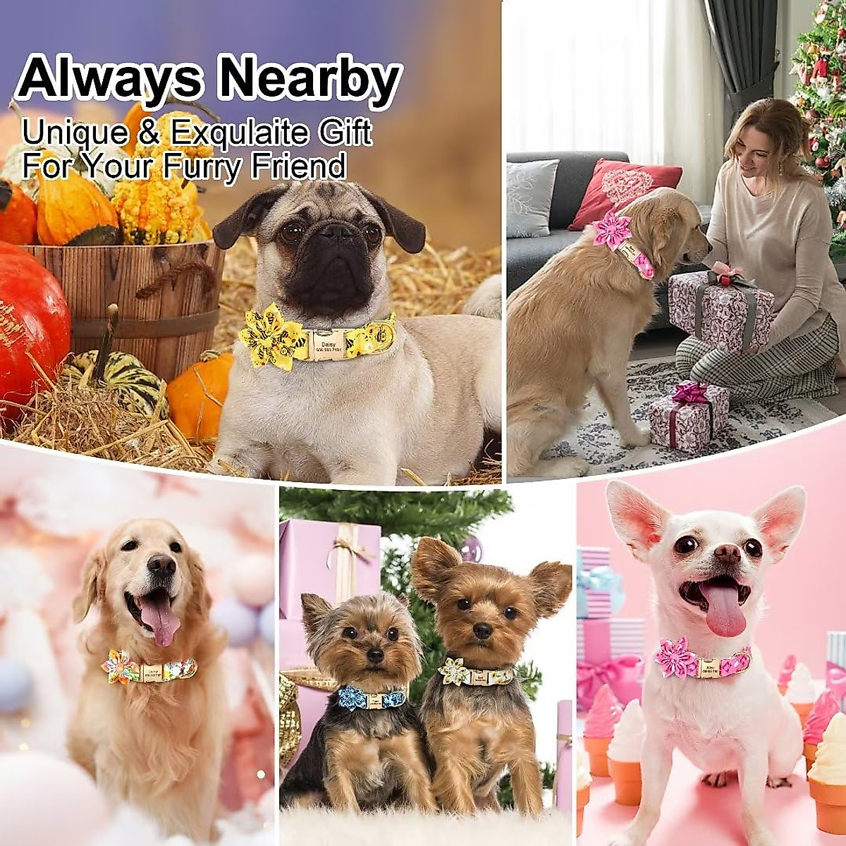 KINYABLUE Floral Pattern Cute Dog Collar for Large Dogs, Personalized Custom Dog Collars with Name, Soft Cotton Fall Dog Collar Girl with Detachable Bowtie & Flower, L (14-24")