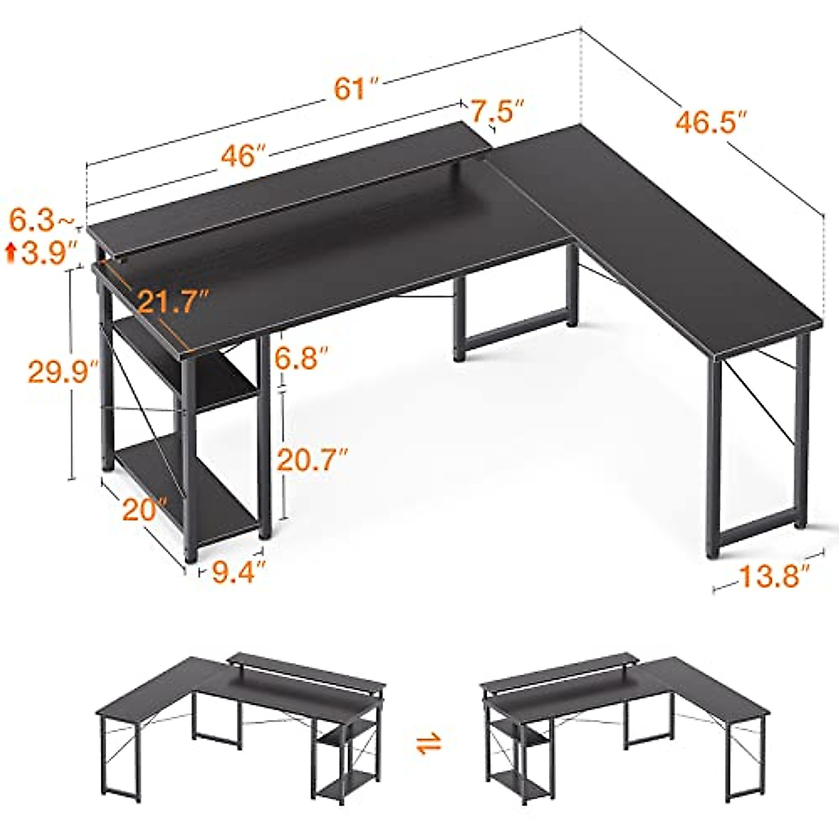 ODK L Shaped Gaming Desk, 61" Corner Computer Desk with Monitor Stand & Storage Shelf, Sturdy Home Office Desk, Black