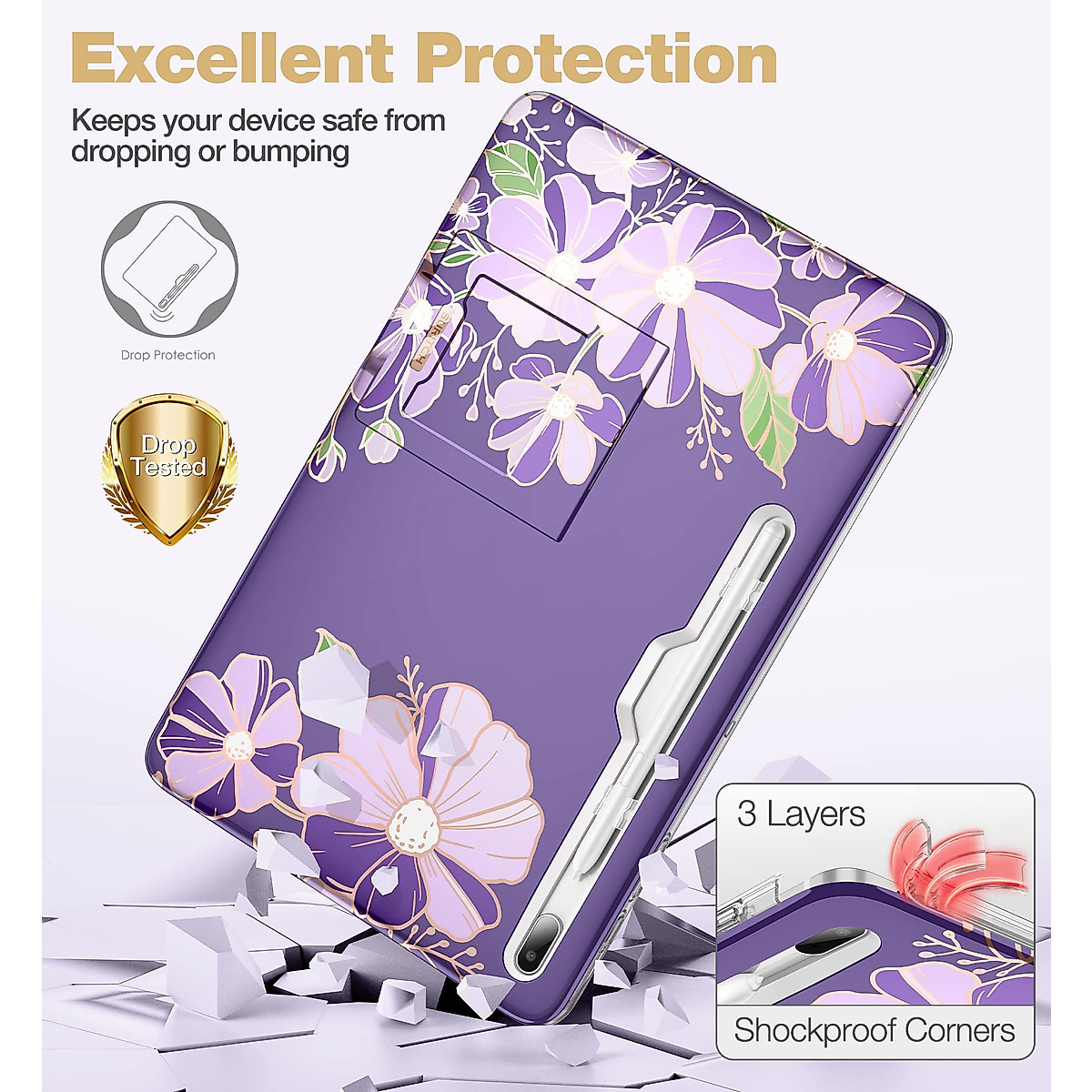 SURITCH for Samsung Galaxy Tab S7 FE Case for Tablet S7+ Plus, S8+ Plus, Built-in Screen Protector & S Pen Holder Full Body Shockproof Protective Cover with Foldable Kickstand, Purple Cosmos