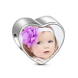 GNOCE Custom Photo Charms for Bracelet 925 Sterling Silver Heart Shaped Personalized Charms Family Memorial for Women
