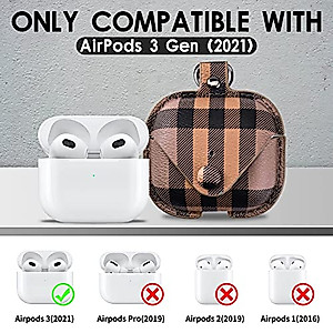 Pujuyeka Leather Luxury Case for AirPods 3rd Generation 2021 with Keychain,Designer Plaid Cute Airpod Charging Case Cover Aesthetic Lockable Protective Air Pod Skin Cover (AirPod 3rd Gen 2021 Brown)