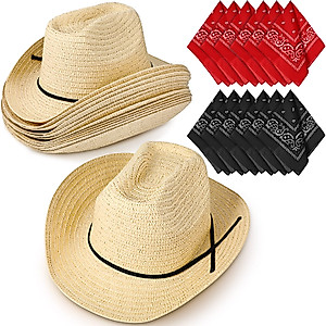 SATINIOR 12 Set Straw Cowboy Caps and Bandanas Cowboy Party cap Costume Head Bandana Bulk Western Accessories(Beige, Classic Style)