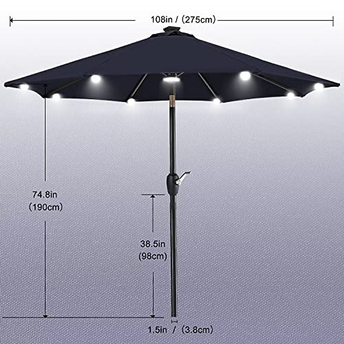 ABCCANOPY 9FT Patio Umbrella Outdoor Solar Umbrella LED Umbrellas with 8LED Bulbs, Tilt and Crank Table Umbrellas for Garden, Deck, Backyard and Pool,12+Colors, (Navy Blue)