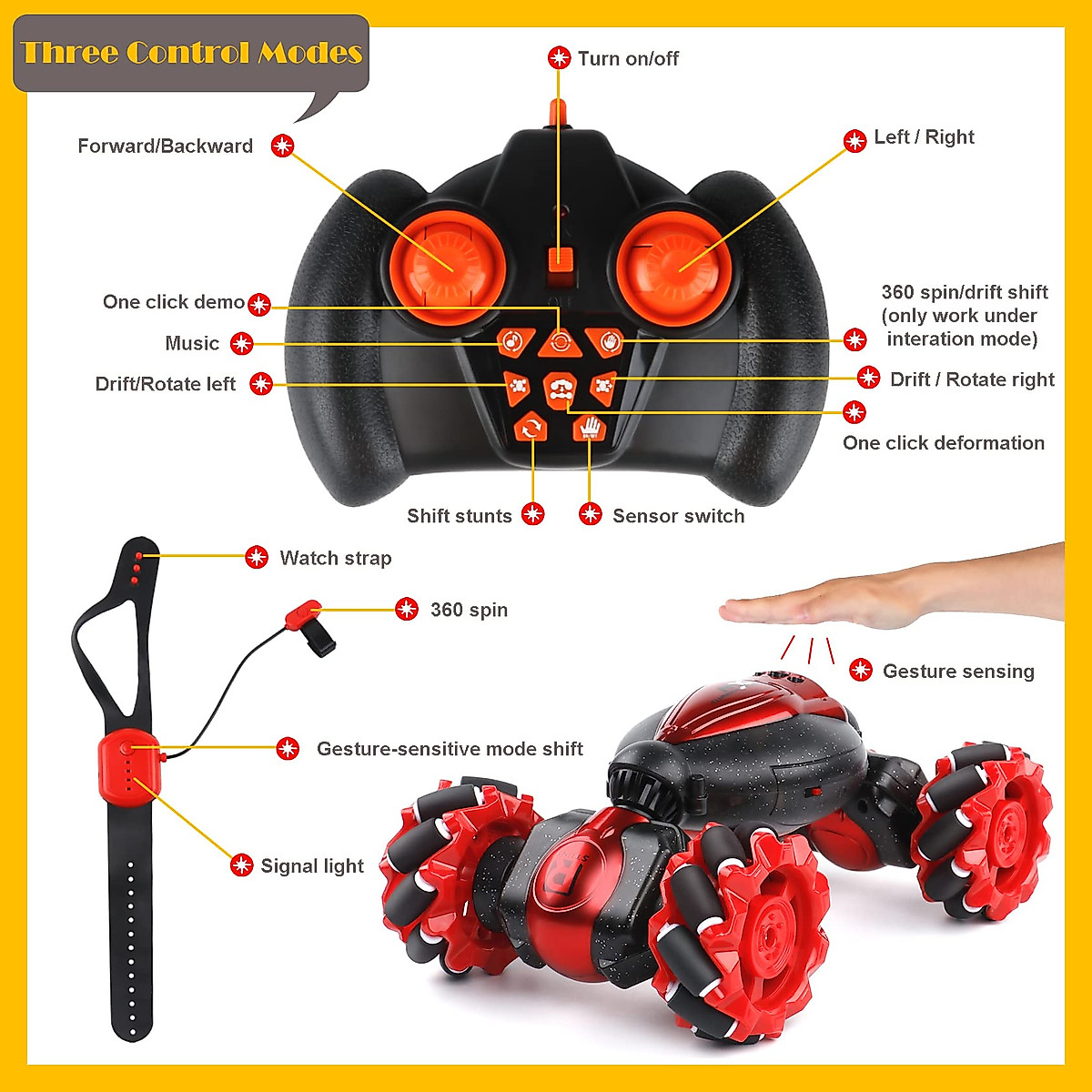 BIRANCO. RC Stunt Car Gesture Sensing - Christmas Red, 2.4GHz 4WD Hand Controlled Double Sided Remote Control Car with Music & Lights, Kids Toy, Gift Ideas for Boys Age 5-12 Years Old