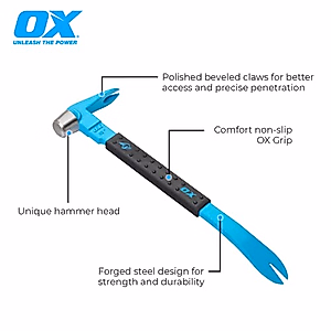 OX Tools Unique Hammer Head 12" Pry Bar - Multi-Functional Tool with Cats Paw, Crowbar | Rubber Grip, Polished Beveled Claws - Forged Steel Design for Strength and Durability