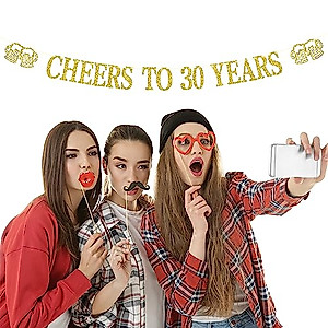 Cheers to 30 Years Banner, Cheers & Beers to 30 Years Glitter Banner, 30th Birthday/Wedding Anniversary Party Decorations Supplies Gold Glitter