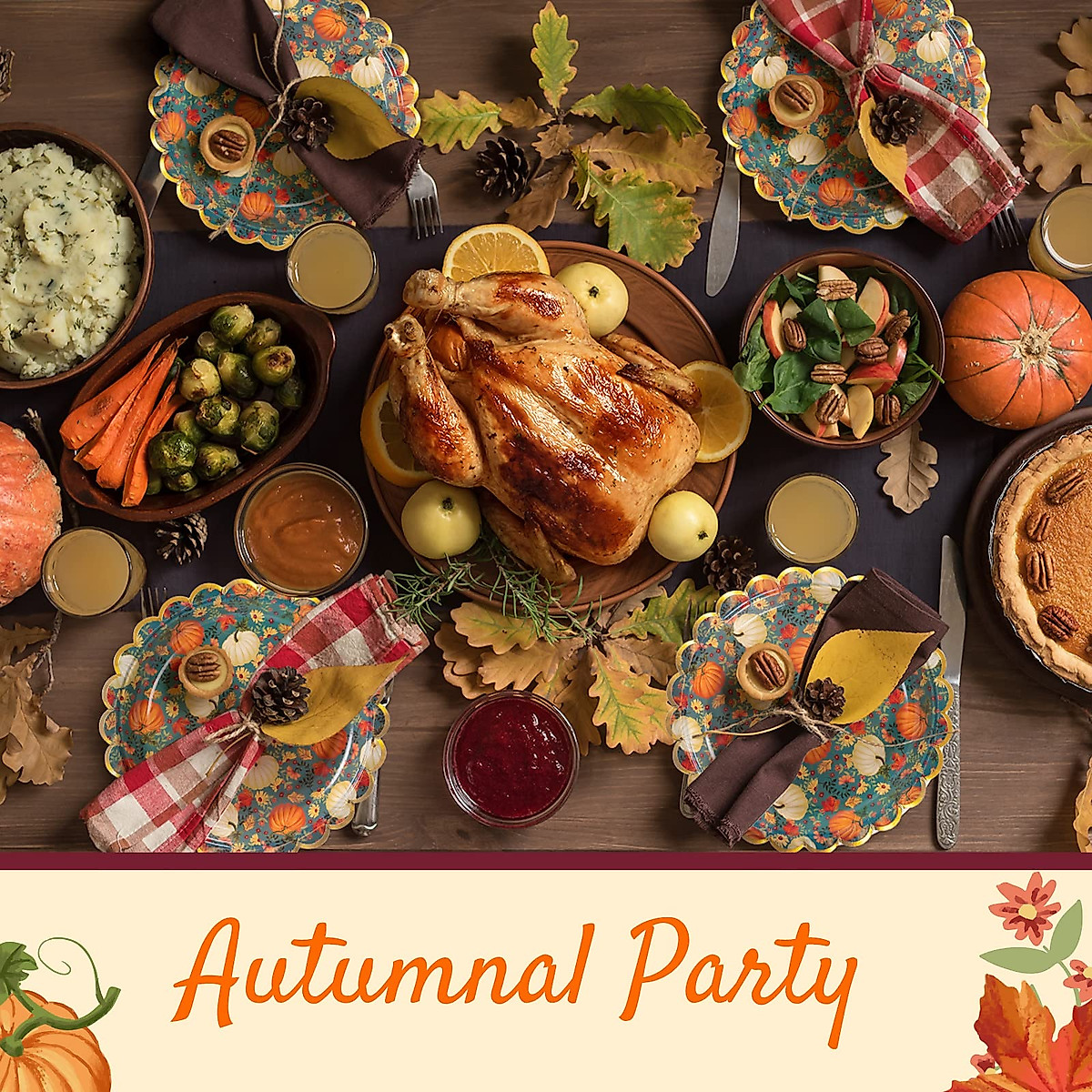 Confettiville Thanksgiving Paper Plates, 50-Count Fall-Themed Decorative Disposable Serving Plates, Teal, Gold Foil Scalloped Edge, 9 Inches