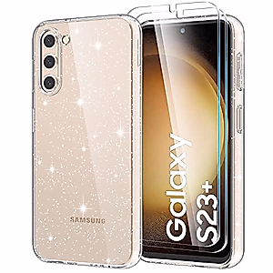 KSWOUS Glitter Case for Samsung Galaxy S23 Plus, with Screen Protector[2 Pack], Clear Bling Sparkly Cute Shockproof Protective Slim Cover for Women Girls for S23 Plus Case