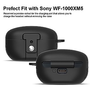 [Secure Lock] Case Cover Compatible with Sony WF-1000XM5, Silicone Case for Sony WF-1000XM5 Earbuds, Shockproof Anti Scratch Case Protective Cover with Carabiner and Lanyard (Black)