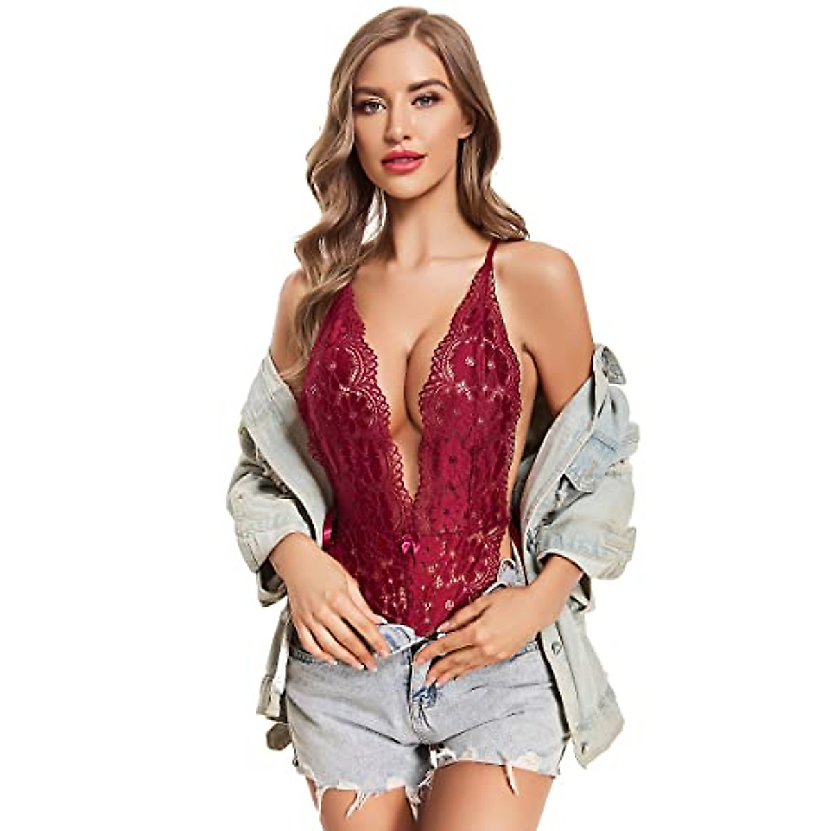 ADSEXY Lingerie for Women Sexy Naughty Teddy Floral See Through Bodysuit Deep V Neck Lace Mini Babydoll Chemise One Piece Red S