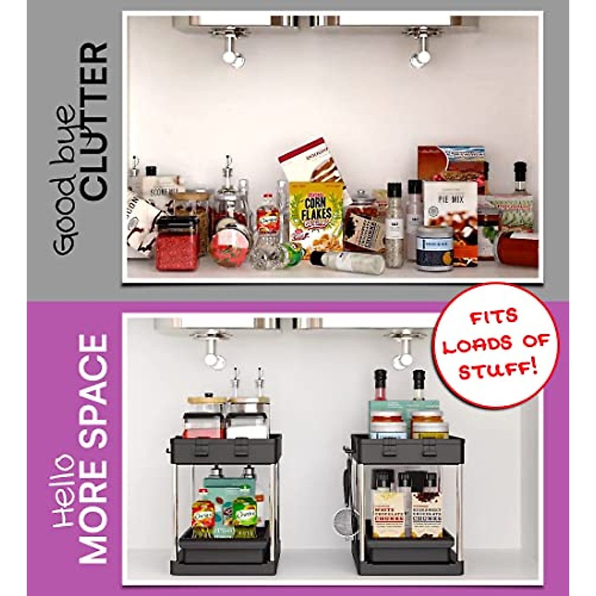 2 PACK Under Sink Organizer Rack 2 Tier Under Sliding Cabinet Basket Organizer Drawer With Bathroom Cabinet Storage Drawer With 4 Hooks