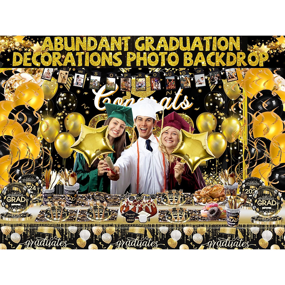231PCS Graduation Decorations Class Of 2024, 2024 Graduation Party Decorations for High School College With Backdrop balloons Paper Plate Cup Napkin Cutlery Tablecloth Balloon Garland (Black and Gold)