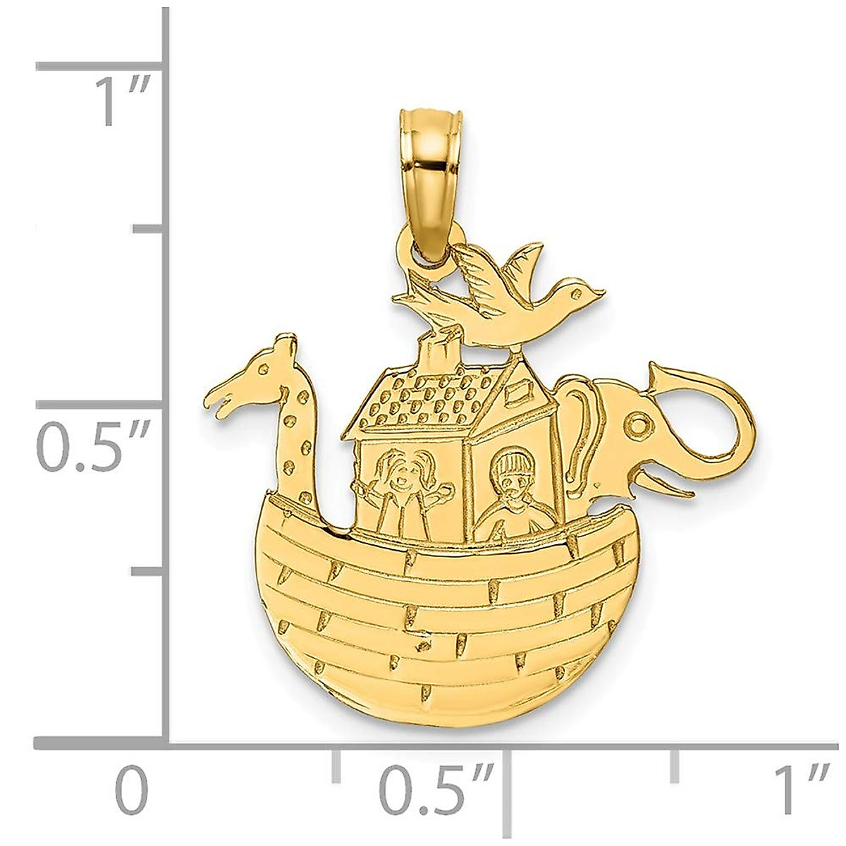 Solid 14k Yellow Gold Engraved and Flat Noah's Ark Charm Pendant 22mm