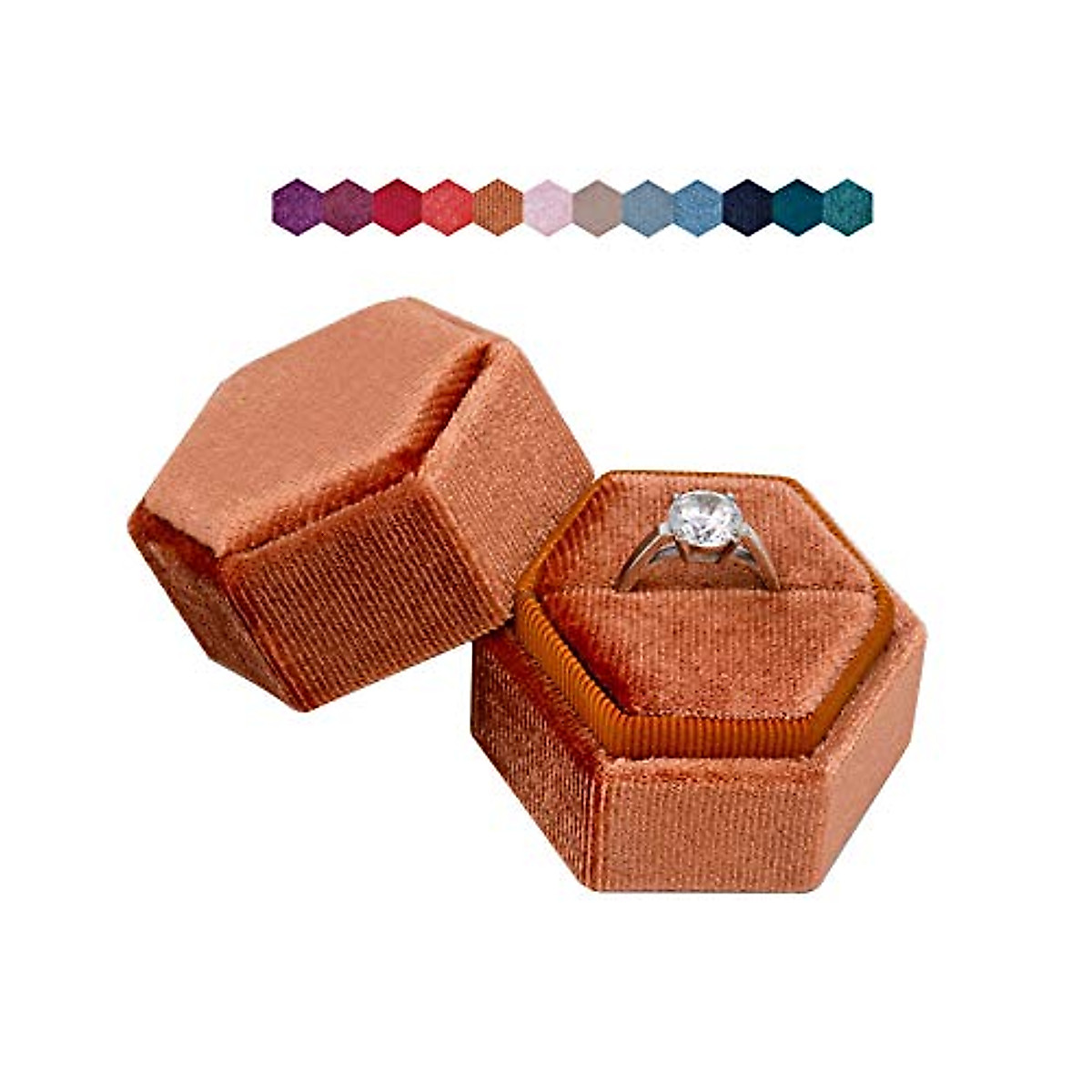 Beatrix & Luca The Lux Box: Antique Velvet Ring Box | Proposal | Wedding | Engagement | Photography | Hexagon | Rectangle | Single Double or Triple Slots | Jewelry (Sedona Copper Hexagon Single)