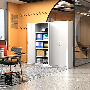 LOCENHU Metal Storage Cabinet with 2 Doors and 4 Adjustable Shelves - 71" Locking File Cabinet,Locking Tool Cabinet for Office,Home,Garage,Gym,School (White),Requires Installation