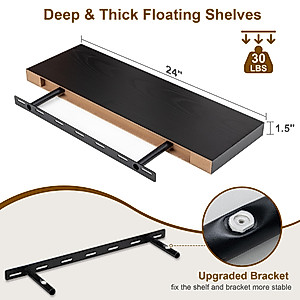 Fun Memories Floating Shelves for Wall, 24Inch Floating Shelves Set of 2, Hanging Shelf with Invisible Brackets, Wood Shelves for Living Room, Bedroom, Kitchen, Black