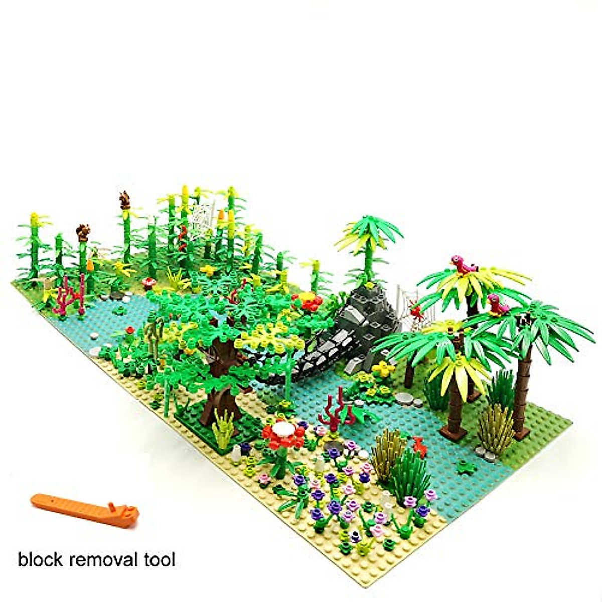 ZHX Rainforest Jungle Bridge Building Block Toys with 2pcs Baseplates(10x10 inches Each) Garden Bricks Accessories Bush Flowers Animals Coconut Trees for Classic Brick Block Toys