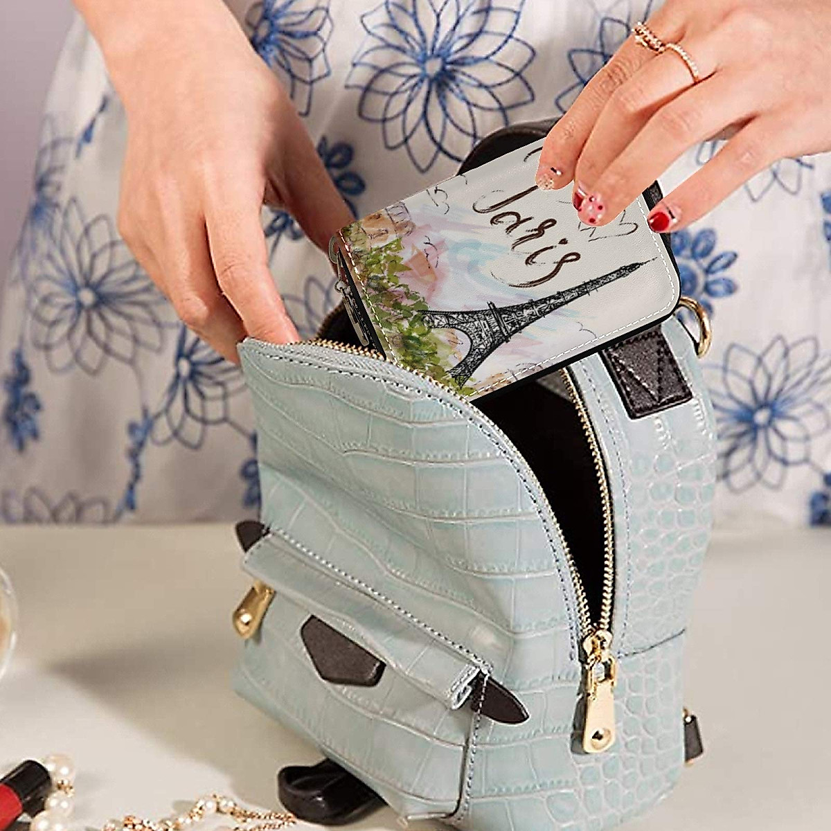 susiyo Stylish Pattern Paris Eiffel Tower Credit Card Wallet, RFID Blocking Compact Women Leather Card Holder Zipper Purse