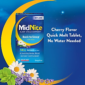 MidNite Back to Sleep Low Dose, 1.5 mg Melatonin Sleep Aid, Non-Habit Forming, Herbal Dietary Supplement for Adults, Drug-Free, Gluten-Free, Lactose-Free, Vegetarian, Vegan, 30 Quick Melt Tablets
