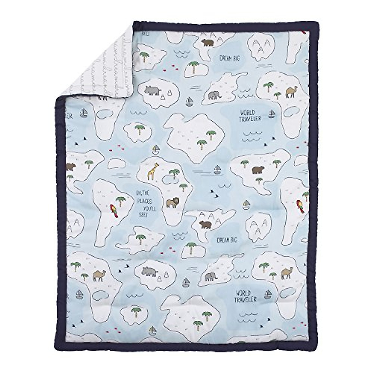 NOJO Dreamer Little Explorer World Map 8 Piece Nursery Crib Bedding Set, Navy Blue/Light Blue/White