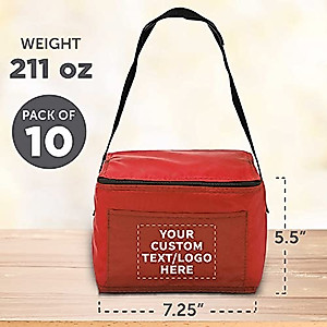 DISCOUNT PROMOS Custom Small Lunch Bags Set of 10, Personalized Bulk Pack - Insulated, Fits 6 Cans, Perfect for the Office, Picnic, Beach - Red