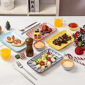 KitchenTour Rectangular Serving Platter, 9.5 inch Appetizer Plates Ceramic Dinner Plates Serving Trays Set of 6 for Salad, Sushi, Fruit, Microwave and Dishwasher Safe