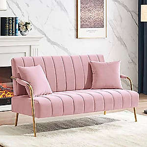 Yoluckea Loveseat Sofa Small Couch, Upholstered Love Seats Furniture with Two Throw Pillows and Golden Metal Legs Suitable for Small Spaces (Pink)