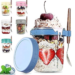 Morandi Overnight Oats Containers with Lids and Spoons 6 Pack, 16 OZ Glass Mason Jars for Overnight Oats Healthy Meal Prep, Oatmeal Container Storage for Cereal Milk Salad Chia Pudding