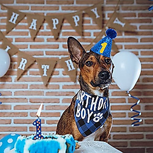 FLYSTAR Dog Birthday Bandana with Hat and Number - Plaid Cute Doggy Bandana for Small Medium Large Dogs Boy- Blue Triangle Scarf Bibis Party Dog Outfits