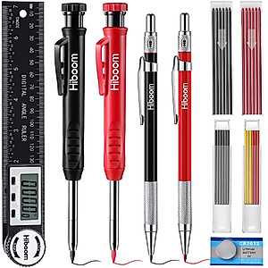 Hiboom 9 Packs Carpenter Pencil Set, 4 Solid Carpenter Pencils with Sharpener and 36 Refills, 2 in 1 Digital Angle Finder Protractors Marking Tools for Construction Woodworking(Set 3)