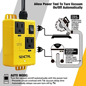 senctrl Automatic Vacuum Switch Allow Power Tool/Table Saw to Turn Vac Cleaner/Accessory On and Off Automatically, Load Sensing, On Delay Prevent Circuit Overload, Shop Dust Collector Off Delay