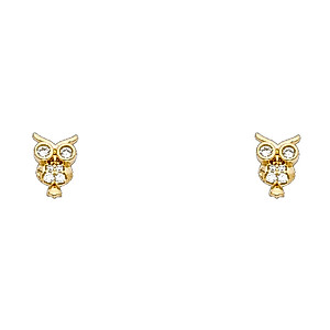 Wellingsale 14K Yellow Gold Polished Owl Stud Earrings With Screw Back