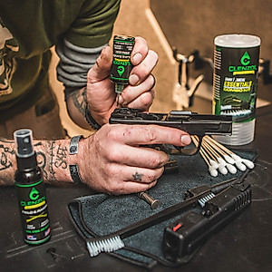 Clenzoil Field & Range Pistol & Rifle Essentials Gun Cleaning Kit | CLP Spray & Oiler with Bores Cleaner | Clean, Lubricate & Protect | Nylon Brush, Bore Swabs & Microfiber (9mm | 38 Caliber)