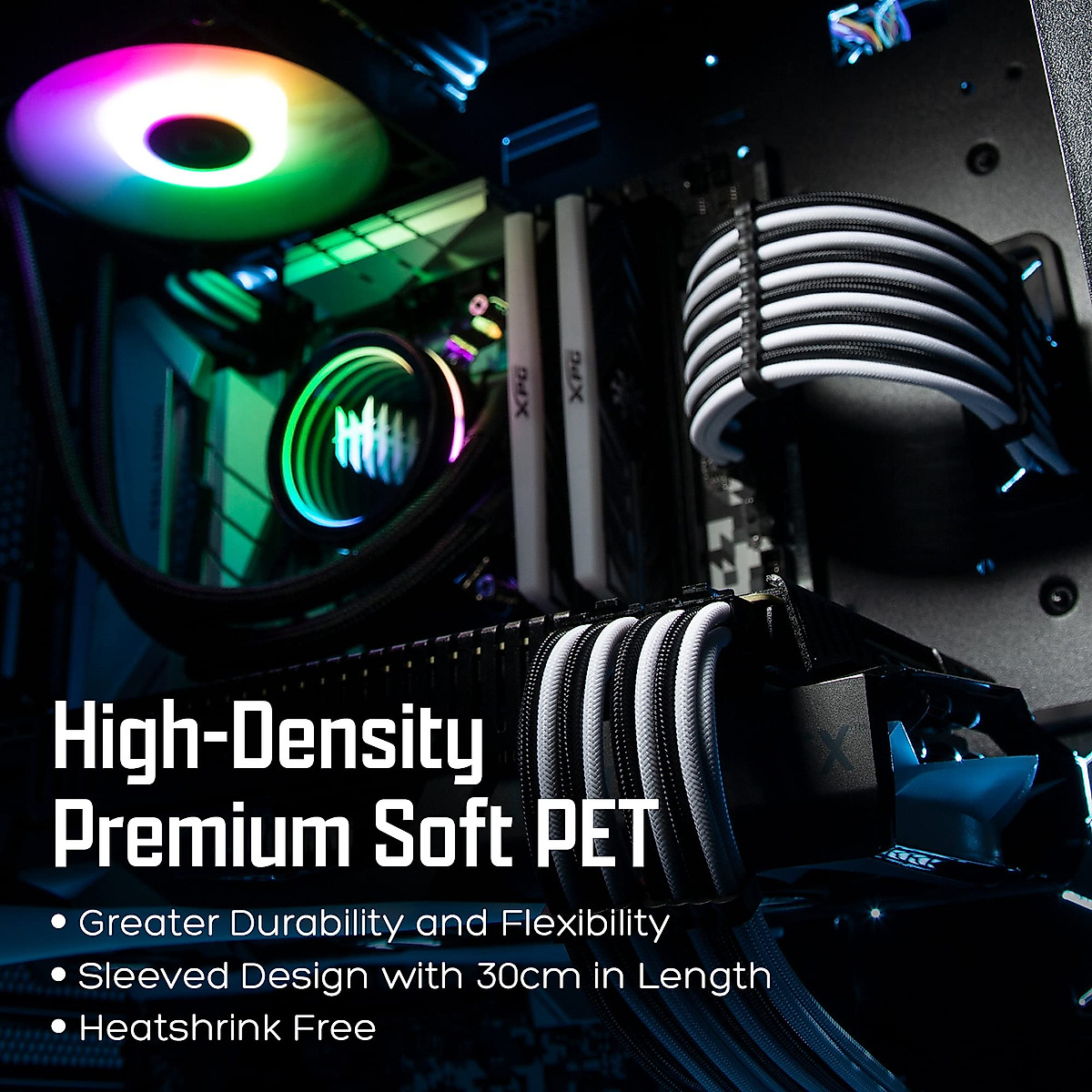 TECWARE Flex Power Supply Sleeved Cable, 16 AWG PSU Extension Cable Kit of White Connector, 1x24Pin/1x4+4 EPS/2x6+2 PCI-E, 30cm Length with Combs (Black/Gray)