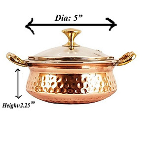 Set of 3 Prisha India Craft SMALL SIZE Steel Copper HANDI with Lid and Serving Spoon - Set of Copper Handi and Serving Spoon - Bowl Dia - 5.00" X Height - 2.25" - Christmas Gift