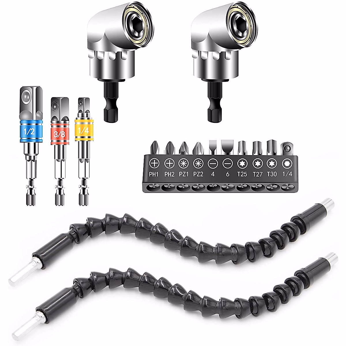 Drill Bit Holder, Flexible Drill Bit Extension with Screw,105°Right Angle Drill Adapter, 1/4 3/8 1/2" Universal Socket Adapter Set, Flexible Shaf Set Hand Tools Set (8PCS)