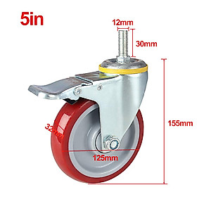 3/4 / 5 in Casters Wheels, Trolley Furniture Caster, Heavy Duty Furniture Casters,Rubber Swivel Castor Wheel, with Brakes, Red, Four-Piece, Heavy Equipment (Color : Rojo, Size : 5in/125mm)