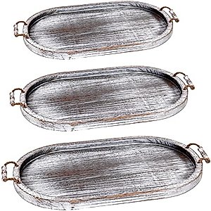 Decorative Tray Rustic Serving Trays Decorative Ottoman Wood Decor Kitchen Counter Decor Serving Tray with Handles,Nested Oval Whitewashed Farmhouse Platters(Set of 3 Pcs)