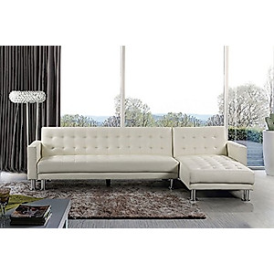 Velago ATTALENS White Modern Convertible Sectional Sofa | Leather Sleeper Queen Size | Reversible Chaise Lounge | Contemporary Living Room Furniture, 116"