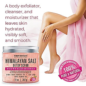 Himalayan Salt Body Scrub with Collagen and Stem Cells - Natural Exfoliating Salt Scrub & Body and Face Souffle helps with Moisturizing Skin, Acne, Cellulite, Dead Skin Scars, Wrinkles (11 oz)