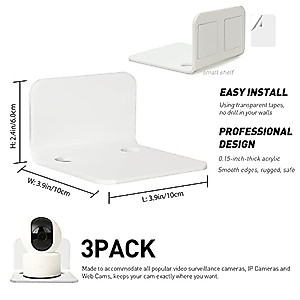 OAPRIRE White Floating Wall Shelves Set of 3 for Security Cameras, Baby Monitors, Speakers & More - Universal Acrylic Small Wall Shelf with Cable Clips, 10-Piece Strong Tapes, No Drill