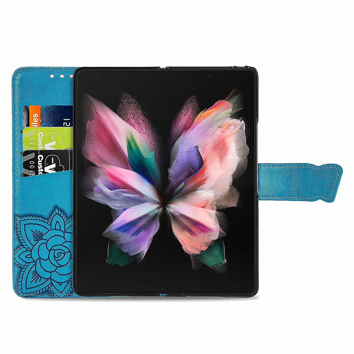 COTDINFOR Case for Samsung Galaxy Z Fold 5 Case Glitter Bling with Card Holder and Stand Leather Flip Wallet Diamond Butterfly Protective Case for Samsung Galaxy Z Fold 5 Crystal Blue