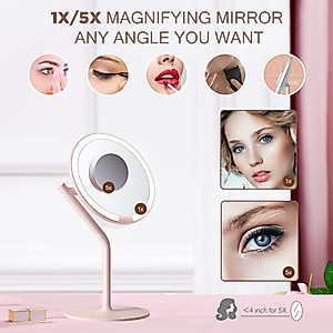 AMIRO Professional 8" LED Lighted Makeup Mirror with 5-Level Brightness, with 5X Magnifying Small Mirror, Tabletop Rechargeable Cosmetic Mirror with Touch Control 180°Rotation