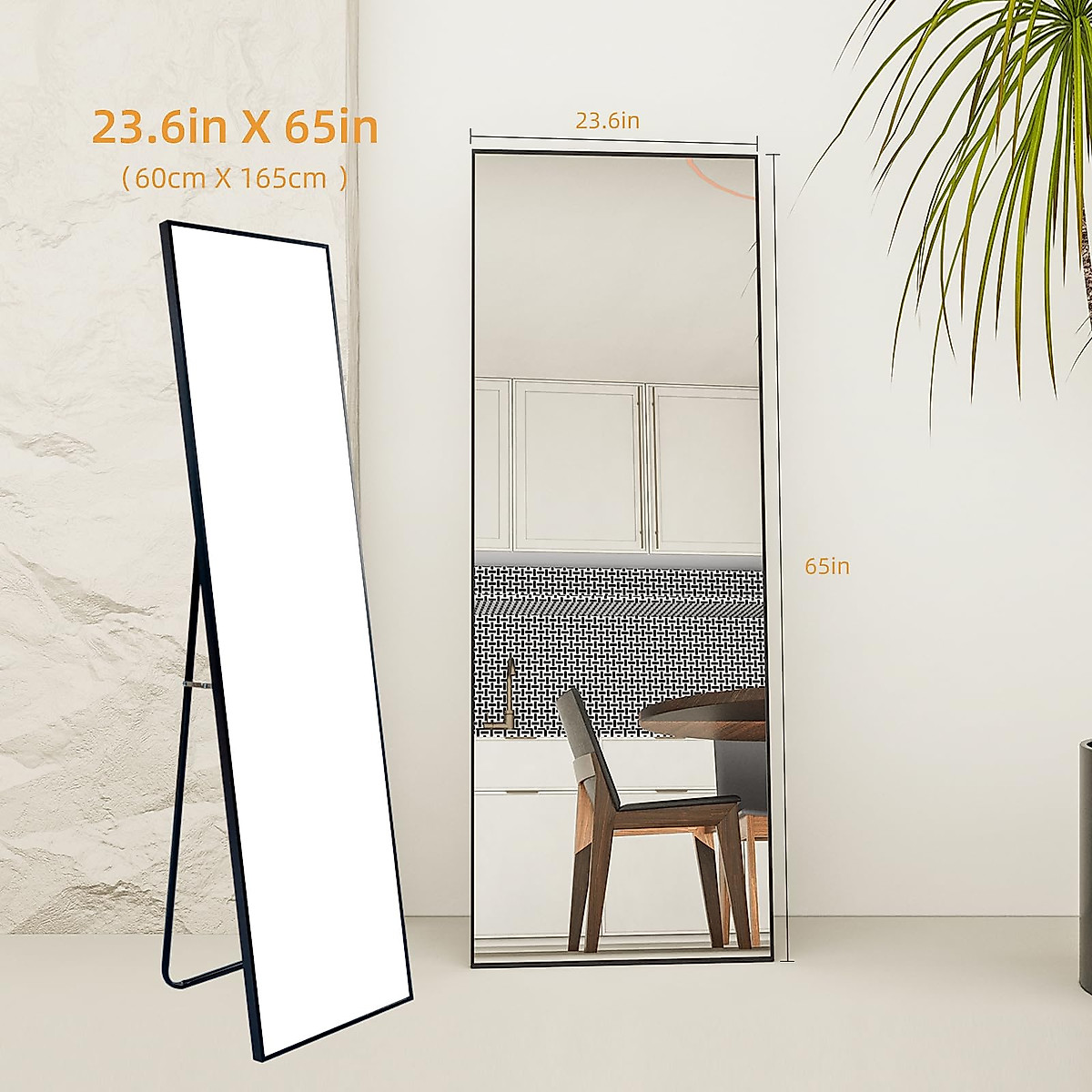 Full Length Full Body Mirror Wall Mirror Standing Mirror with Aluminum Alloy and Rectangle Design for Bedroom Living Room, 65” X 24” Black