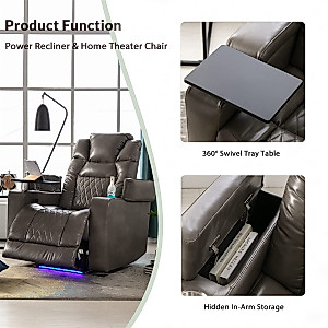 TRIPLE TREE Power Motion Recliner with Ambient Lighting, USB Charge Port, 360° Swivel Tray Table, Hand in-Arm Storage, 2 Convenient Cup Holders, Gaming Recliner Chair Home Theater Seating, Grey