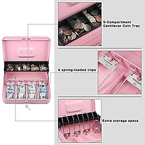 xydled Cash Box with Money Tray and Key Lock,Tiered, Cantilever Design,4 Bill / 5 Coin Slots,11.8" x 9.5" x 3.5",Pink